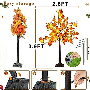 4 Ft Lighted Prelit Maple Tree Fall Decor 42 Warm White LEDs with 6 Pumpkin Lights Timer 8 Modes Remote Control Home Indoor Outdoor Autumn Thanksgiving Decorations Artificial Tree Harvest Halloween