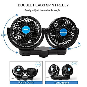 Car Fan 12V Automobile Cooling Fan for Backseat, Portable Cigarette Lighter Plug Car Seat Fan 360 Degree Dual Head Rotatable with Stepless Speed Regulation for SUV, RV, Van, Vehicles