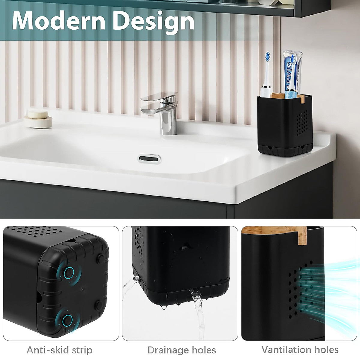 Boperzi Black Toothbrush Holders for Bathroom, Electric Toothbrush Holder with Bamboo Divider, Detachable Anti-Slip Toothbrush and Razor Holder Drainage for Shower, Toothbrush Organizer and Storage