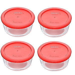 Pyrex (4) 7201 4-Cup Glass Bowls & (4) 7201-PC Red Plastic Lid Covers Made in the USA