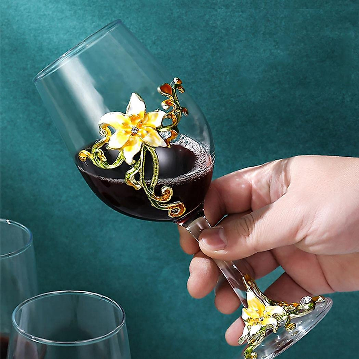 XUDREZ Wine Glasses Enamels flower Lead-free Wine Glasses Set Handcrafted Floral Goblets with Gift Box For Women Wife Mom Friends Mothers Valentines Day (Purple double gift box)