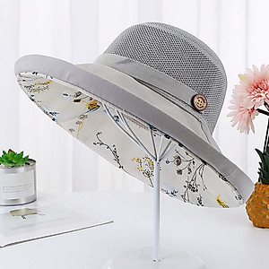 Women Mesh Sun Hats Summer Beach UV Protection UPF Packable Wide Brim Chin Strap (Grey)