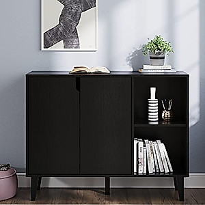 Panana Accent Sideboard Buffet Serving Cabinet with 2 Doors and Shelves Storage Cabinet White Coffee Bar Cabinet for Kitchen Dinning Room Living Room (41.81 inch, Black)