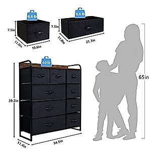 LYNCOHOME Fabric Dresser for Bedroom, 9 Drawer Dresser Chest of Drawers, Storage Tower Tall Dresser for Closet Hallway Living Room Nursery, Rustic Brown