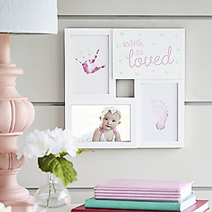 tiny ideas Baby Prints Collage Keepsake Frame With Included Ink Pad, Newborn Handprint And Footprint Nursery Decor, So Little So Loved, Pink/White