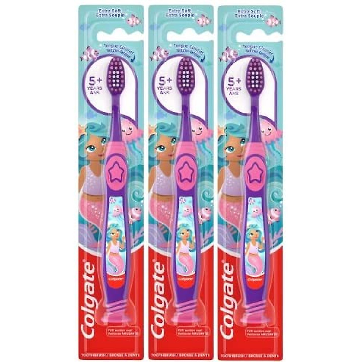 Colgate Mermaid Toothbrush with Suction Cup for Children 5+ Years Old, Extra Soft (Colors Vary) - Pack of 3