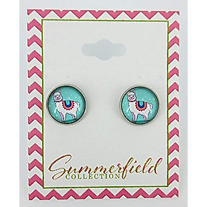 Stainless Steel Llama Print Glass Stud Earrings 12mm (Teal)