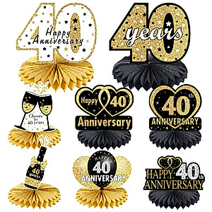 Happy 40th Anniversary Decorations Table Honeycomb Centerpiece, 8pcs 40 Wedding Anniversary Table Sign for Party, 40 Year Anniversary Party Supplies Table Topper Decor