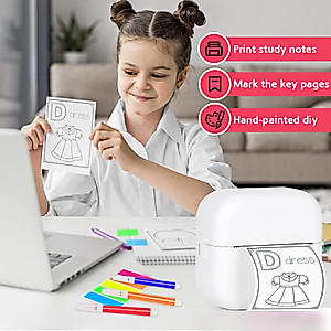 QYCHHJ Inkless Mini Sticker Printer Mini Thermal Printer with 6 Rolls Thermal Paper & Color Pen, Portable Pocket Printer Label Receipt Note Printer for Notes Journal Memo Photo Study, White