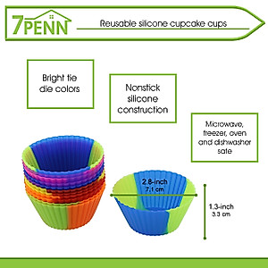 7Penn Silicone Cupcake Baking Cups Reusable Muffin Liners Molds for Standard Size Tin - Tie Dye Rainbow Colors Set of 12