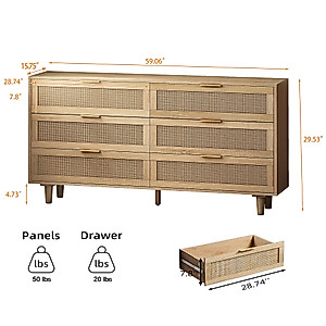Fsbecl Large Rattan Dresser for Bedroom, Modern 6 Drawer Double Dresser with Gold Handles, Natural Rattan Bedroom Dresser for Closet, Wood Storage Chest of Drawers for Living Room, Hallway, Natural