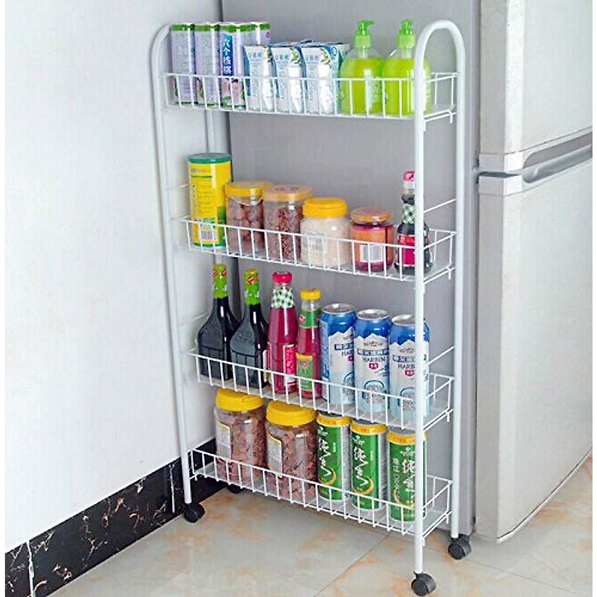 OKOKMALL US--Kitchen Storage Cart Slim Fridge Slide Tower Rack Shelf 4-Tiers with Wheels