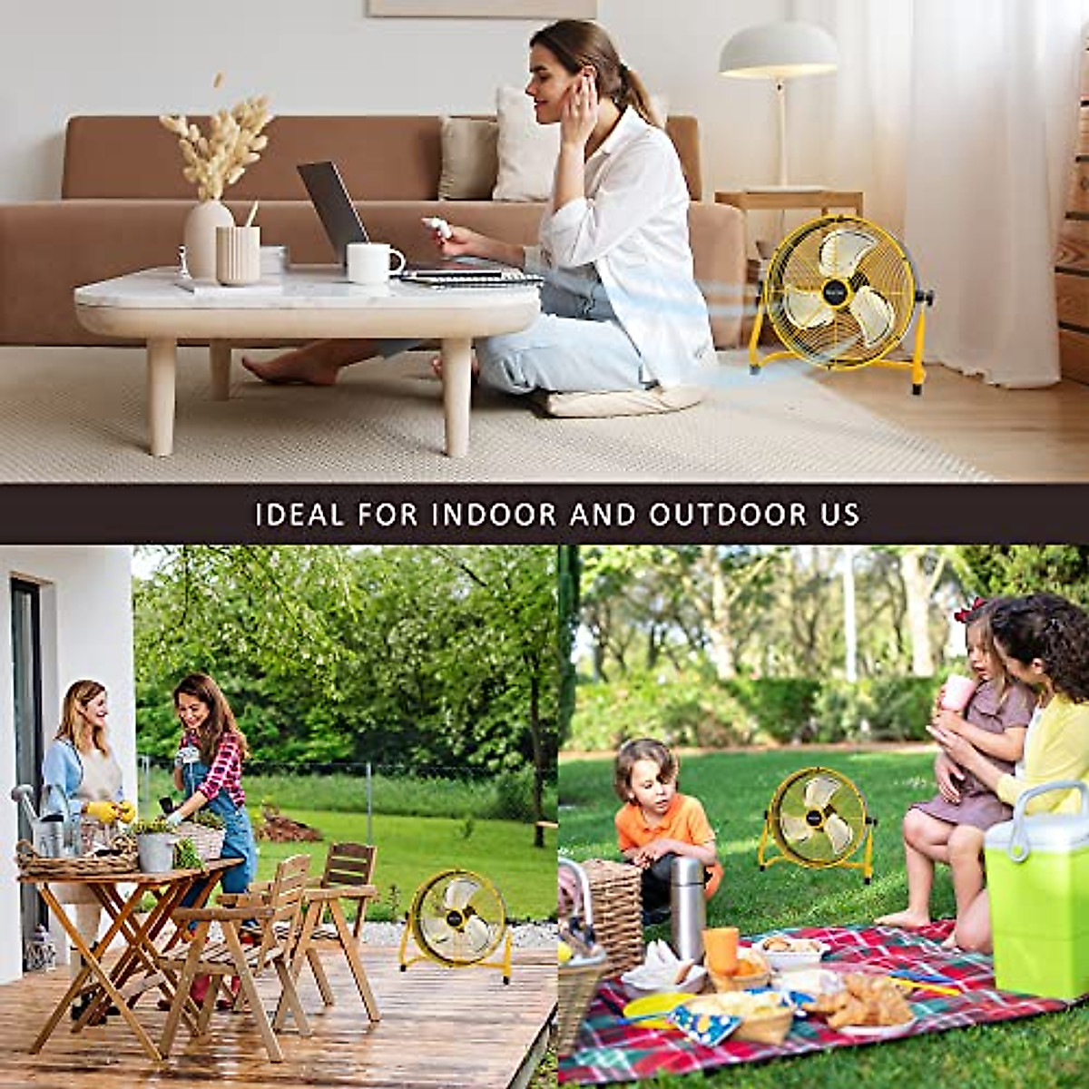 MOCIFI 12 Inch High Velocity Rechargeable Floor Fan with Metal Blade 12-Speed Portable Powered Operated Fan for Home, Travel, Commercial, Residential, Outdoor Indoor Use, Yellow