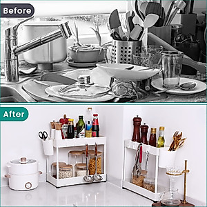 Qucover Under Sink Organizer 2 Pack White, Different Width 2 Tier Bathroom Cabinet Organizers and Storage, Waterproof Rust-proof ABS Plastic Kitchen Sink Organizer with Hanging Cups and Hooks