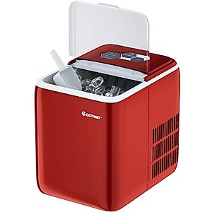 COSTWAY Ice Maker Countertop with Self-cleaning Function, Make 44 Lbs Ice in 24 Hours, Ice Cubes Ready in 8.5 Mins, Ideal for Bar Home and Office, Portable Ice Machine with Ice Scoop and Basket, Red
