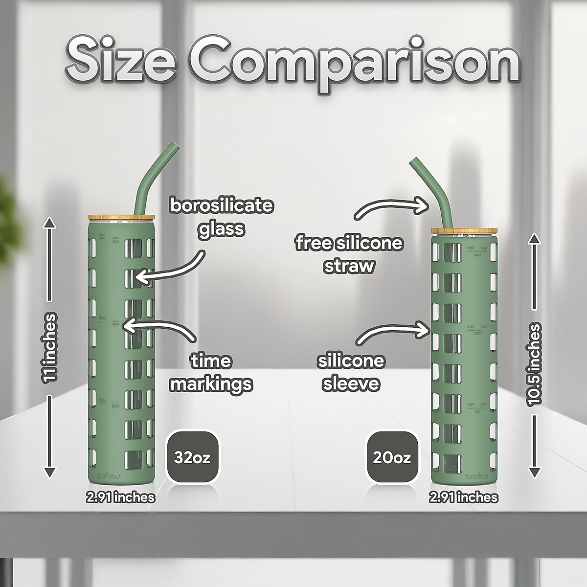 purifyou 32 oz Glass Tumbler with Straw, Bamboo Lid & Protective Silicone Sleeve Glass Tumbler with Volume & Time Markings for Hot & Iced Coffee, Smoothie, Boba Tea (Shale Green)