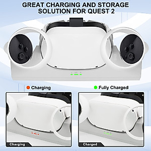 VR Charger Dock for Quest 2 Accessories, Station Stand for Charging Meta/Oculus Quest 2 Controller Headset with Elite Strap Attached (includes 2 x 2100mAh Rechargeable Batteries)