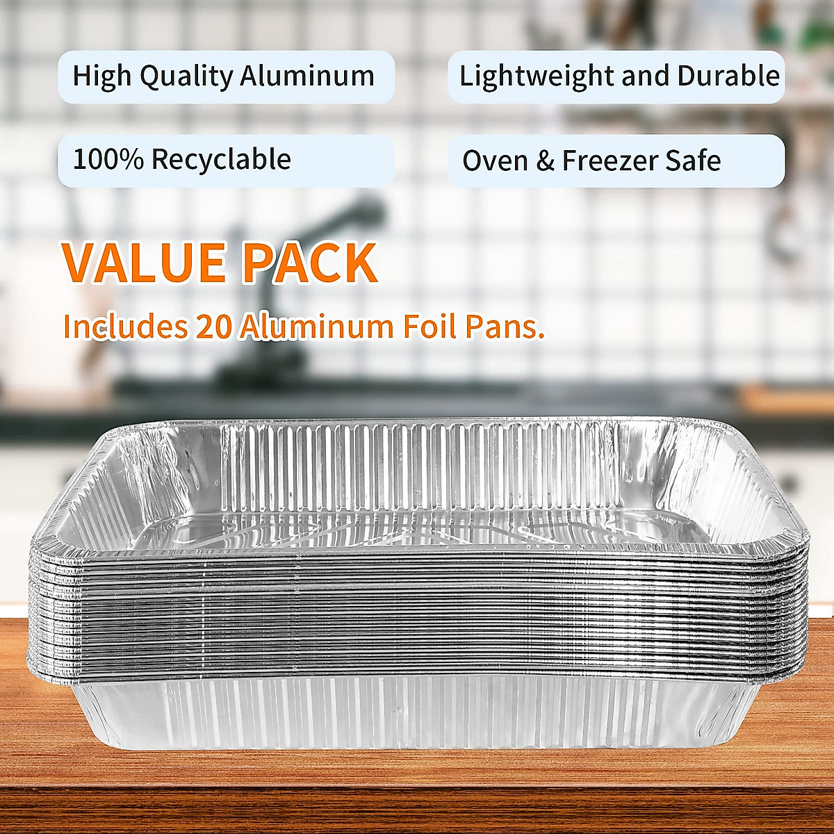 LUCKMETA Disposable Aluminum Foil Pans 21 x 13 Full Size (20 Pack) Heavy-Duty, Rectangular Food Containers Great for Baking, Cooking, Heating, BBQ, Storing, Prepping Food