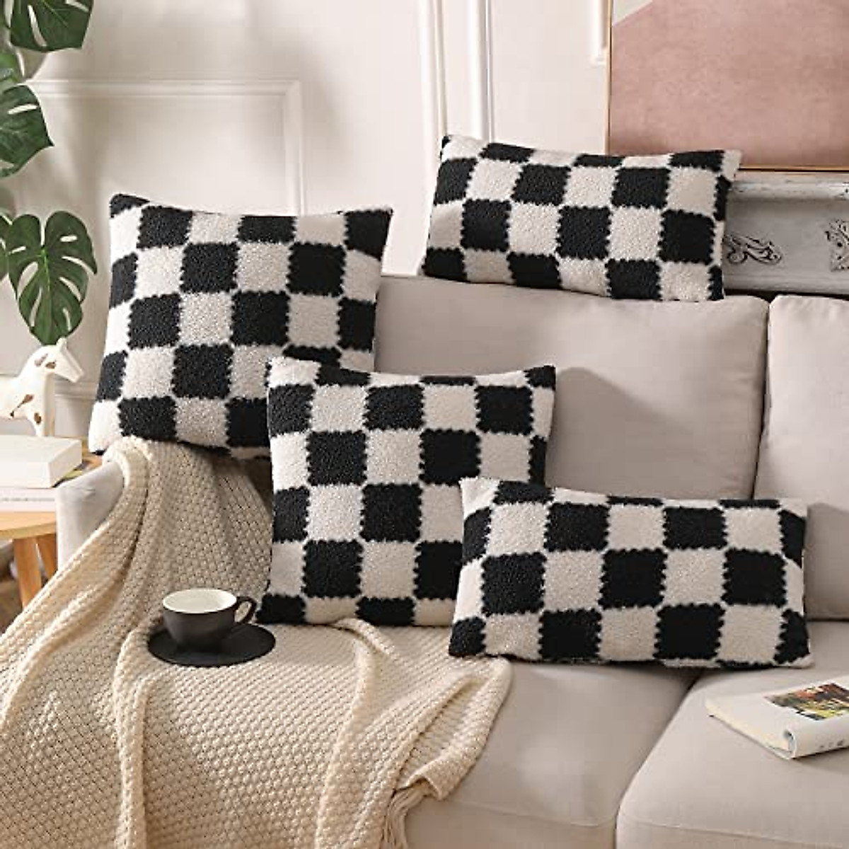 Fluffy Cesthetic Throw Pillow Covers Pack of 2 Cute Decorative Pillows Checkerboard Pattern Cushion Case Super Soft Faux Fur Wool Pillowcases for Couch Bedroom 16"*16" Black and White