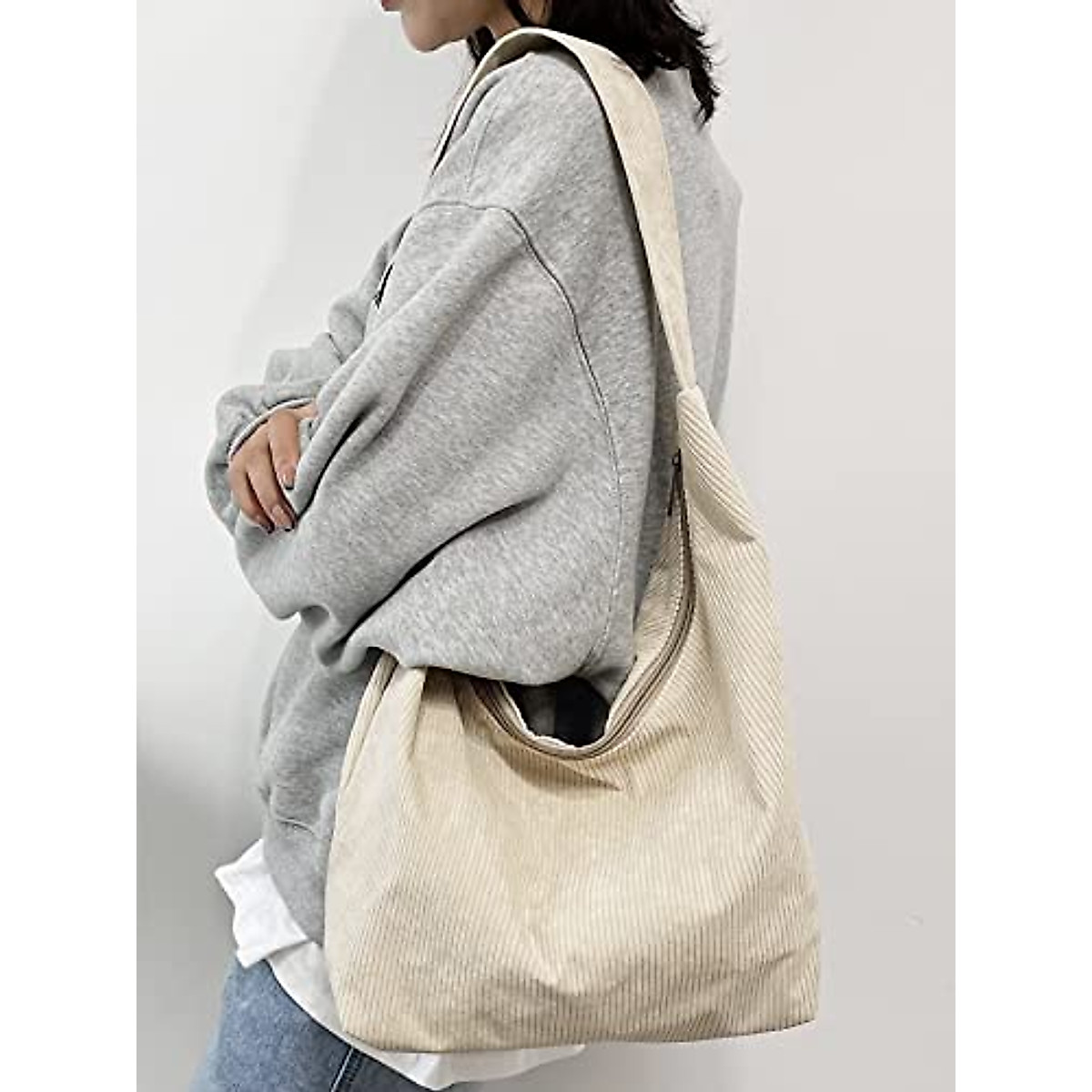 GORGLITTER Women's Corduroy Tote Bag Casual Zipper Handbag Big Capacity Shoulder Bag Beige One Size
