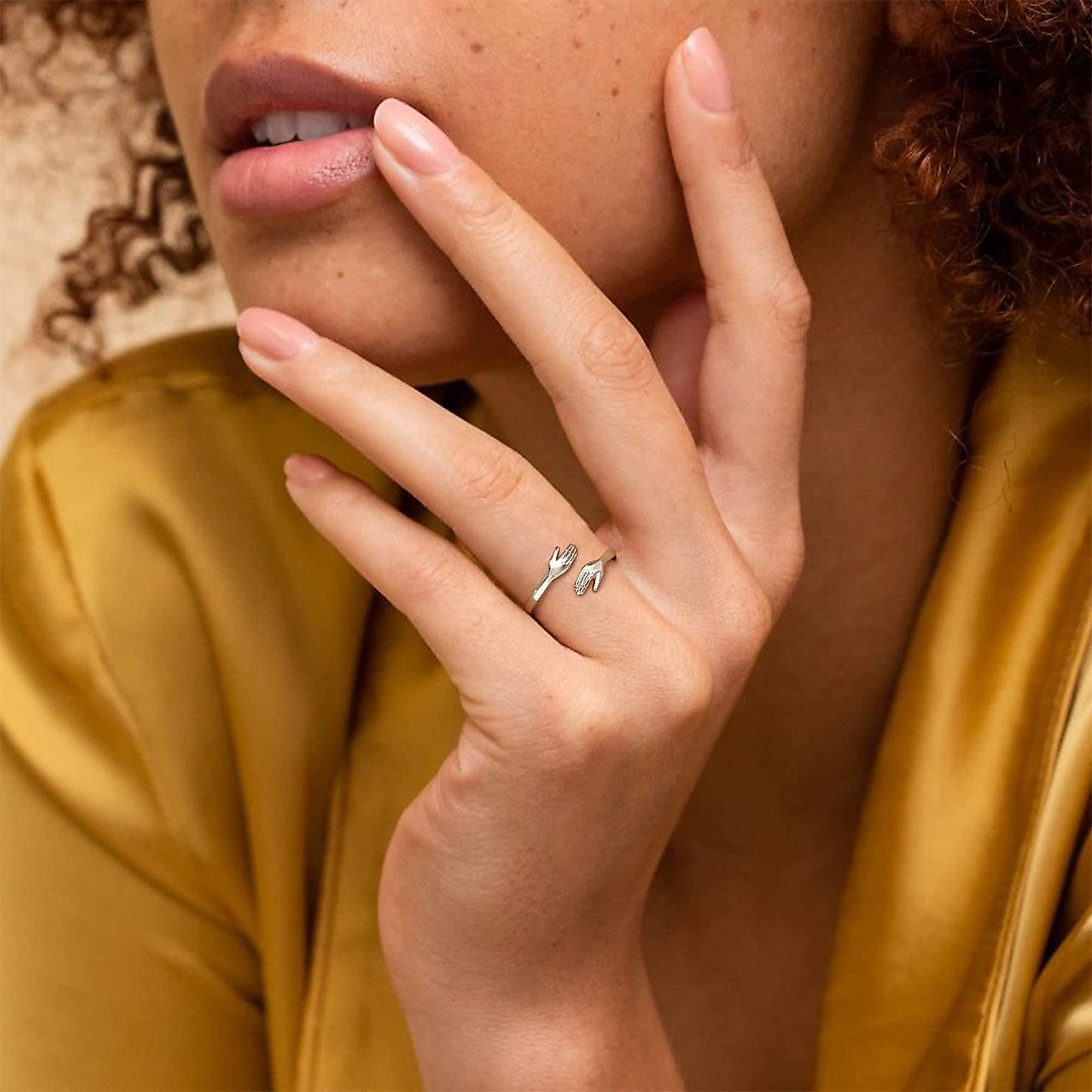 papasgix Hug Ring for Women 925 Sterling Silver,Hug Rings Silver Hugging Hands Open Promise Ring Jewelry Hug Hands Mens Rings Couples Wedding Bands (Silver)