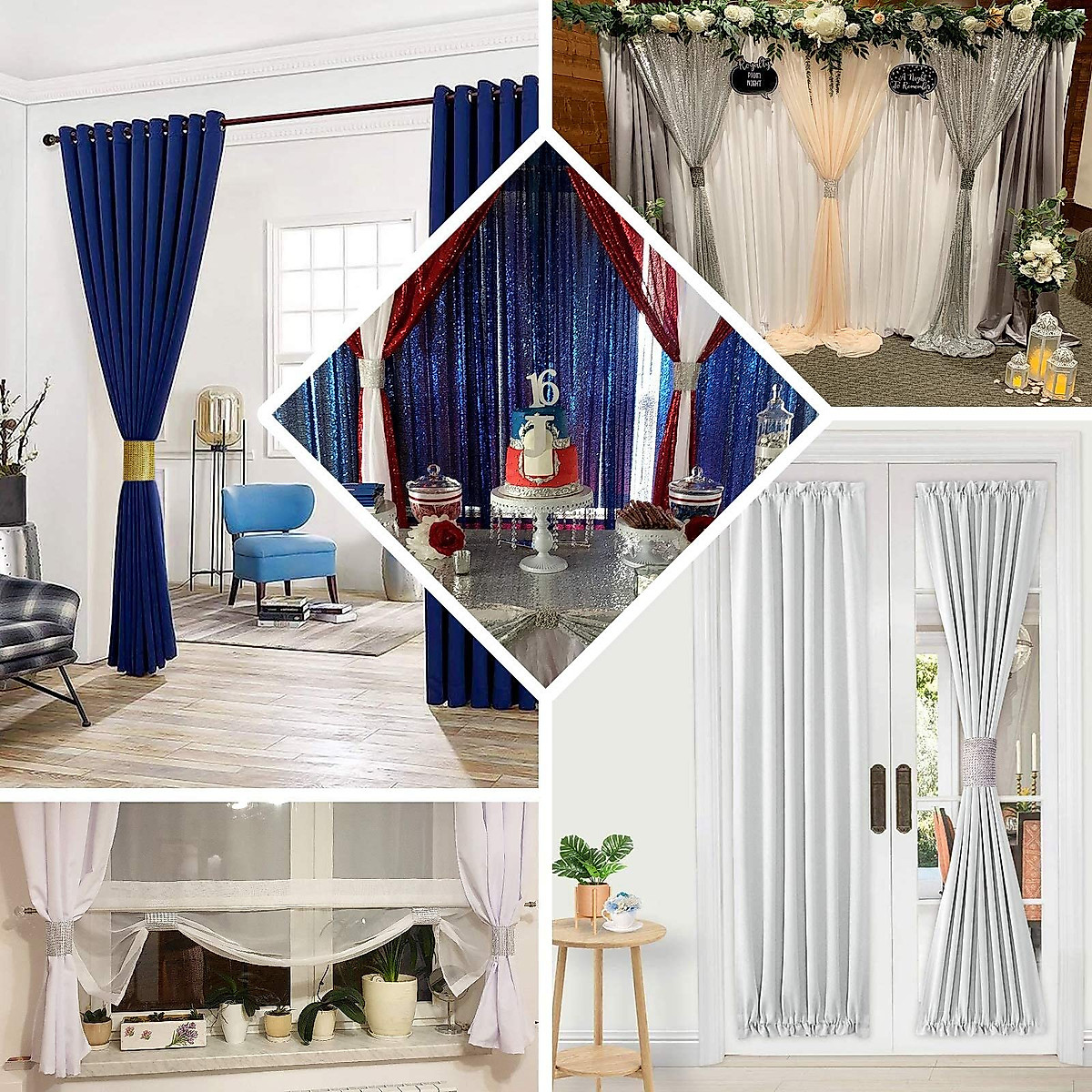 Tableclothsfactory 4 Pack | Blush/Rose Gold Large Rhinestone Mesh Chair Sash Clips, Backdrop Curtain Bands - 5"X10"