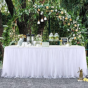 6ft White Tulle Table Skirt for Rectangle or Round Tables Tutu Table Skirt White Ruffle Table Cloth for Wedding Bridal Shower Baptism Birthday Party Christening Banquet Table Decorations(L6(ft)H 30in)