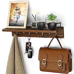VIEWALL Shelf with Hooks, Wood Coat Rack Wall Mount with Shelf with 4 Vintage Metal Hooks and Upper Shelf for Storage, Perfect for Entryway, Kitchen, Bathroom, with Extra 4 Double Hooks