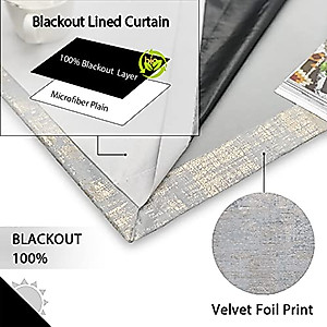 always4u 100% Blackout Soft Velvet Curtains for Bedroom Living Room Thermal Energy Saving 63 Inches Long Luxury Gold Foil Print Drapes 2 Panels Silver