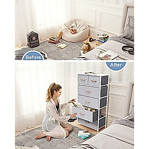 Crestlive Products Vertical Dresser Storage Tower - Sturdy Steel Frame, Wood Top, Easy Pull Fabric Bins, Wood Handles - Organizer Unit for Bedroom, Hallway, Entryway, Closets - 6 Drawers (Light Grey)