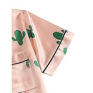 SweatyRocks Women's Short Sleeve Sleepwear Button Down Satin 2 Piece Pajama Set Pink Small