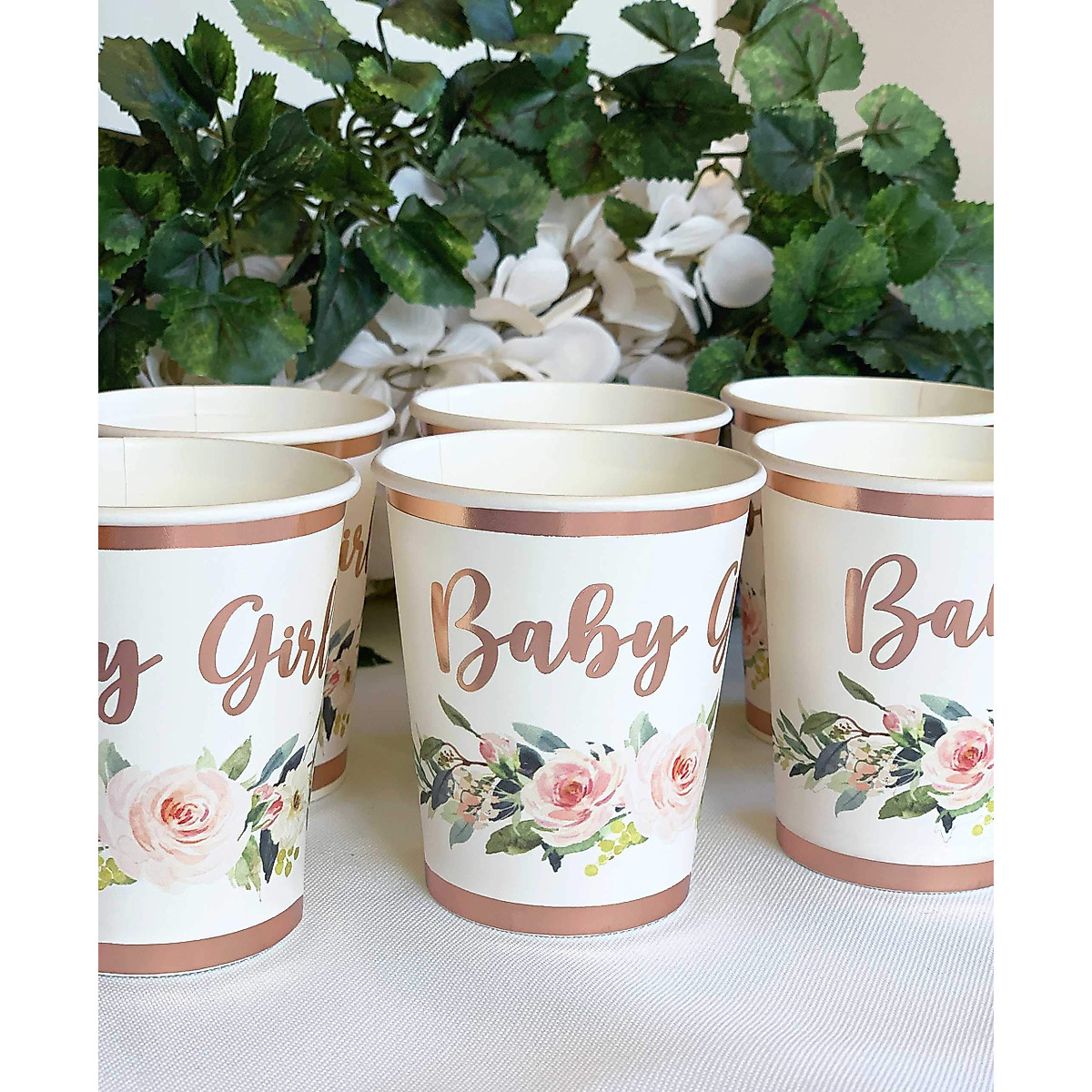Baby Shower Tableware Plates and Napkins, Baby Girl Decorations | 25 Servings With Rose Gold Foil, Pink Floral Paper Dessert Disposable Cups | Tea Party Supplies