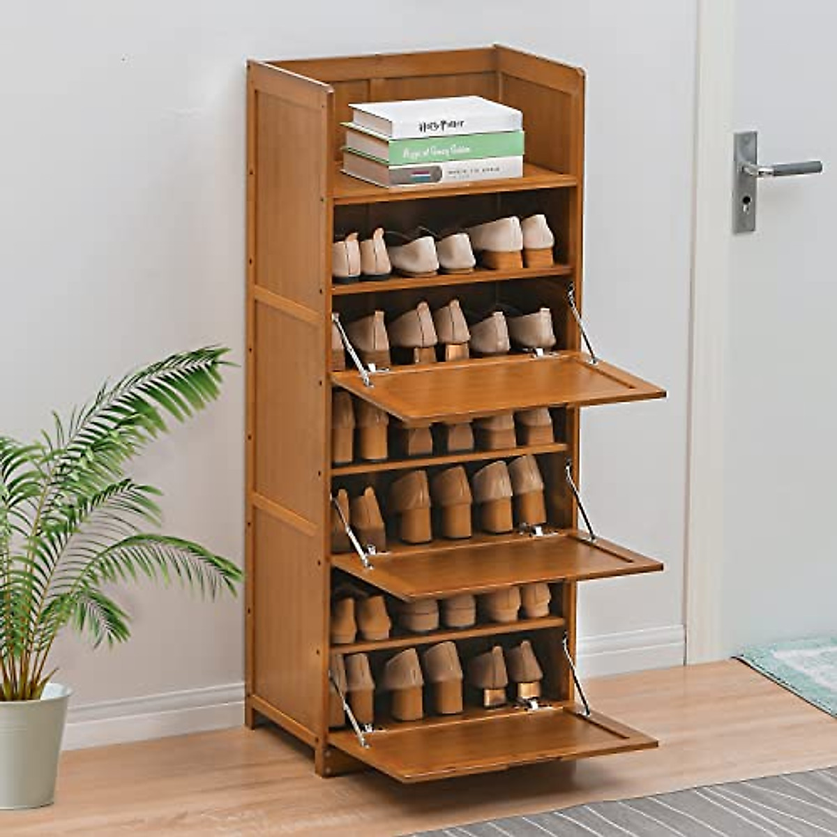 MoNiBloom 7 Tier Shoe Storage Cabinet, Bamboo Narrow Shoes Sneakers Rack Organizer Stand with Pull-Down Doors for 16-20 Pairs Entryway Hallway Living Room, Brown