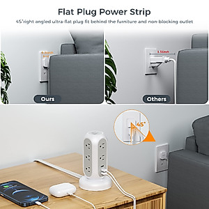Flat Plug Power Strip Tower, TESSAN Ultra Thin Retractable Extension Cord 5 FT, Surge Protector 11 Outlets with 3 USB Charging Station, 1050J, Office Supplies, Desk Accessories, Dorm Essentials
