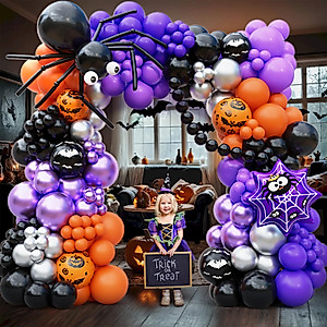 DBKL 176Pcs Halloween Balloon Garland Arch kit with Black Orange Silver Purple Eyes Balloons, Pumpkin Spider Boo Foil Balloons Halloween Party Decorations for Halloween Day Birthday Party Supplies