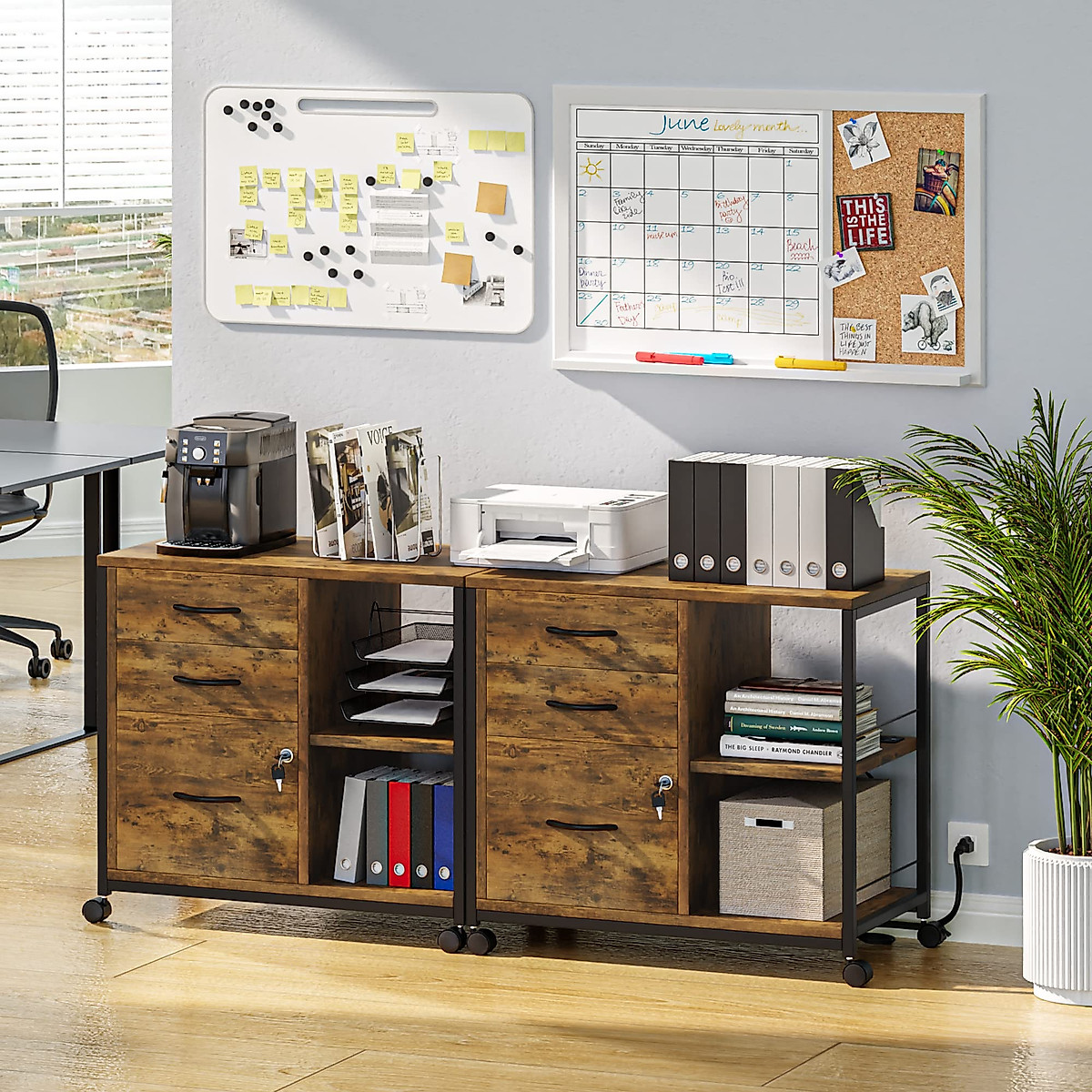 Himusi 3 Drawer Wood File Cabinet with Socket and USB Charging Ports for Home Office, Rolling Lateral Filing Cabinet with Locking Drawer for A4/Letter Size, Printer Stand with Storage, Rustic