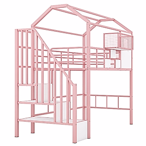 Twin Size House Loft Bed with Stairs and Storage, Heavy-Duty Metal Princess Loft Bed Frame with Storage Box and Safety Rail for Girls Kids Teens, Pink