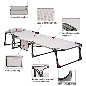HONGBEI lounge cot chairs, Adjustable Reclining Folding Chaise Lounge with Pillow, Outdoor Portable Folding Lounge Chair for Camping, Pool, Beach, Patio,Grey.