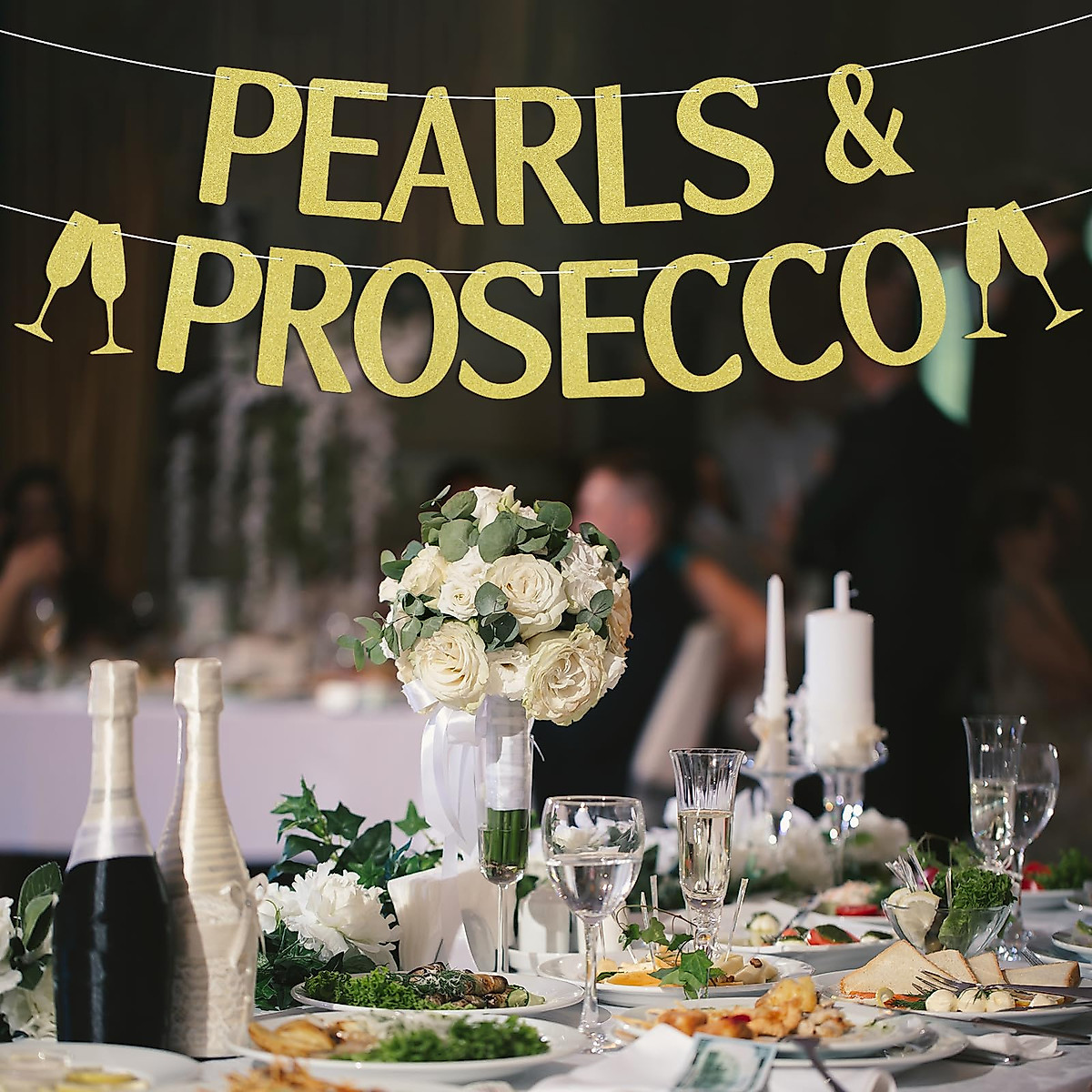 Pearls & Prosecco Banner - Champagne Bachelorette Party Decorations, Bridal Shower Party Decorations, Engagement or Bachelorette Party Decorations Gold Glitter