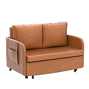 Deolme Convertible Sleeper Sofa Bed, Modern Loveseat Couch with Pull Out Bed, Small Love Seat Futon Sofa Bed with 2 Pillows&Side Pockets&Storage for Living Room,Sofa cama para habitacion (Brown PU)