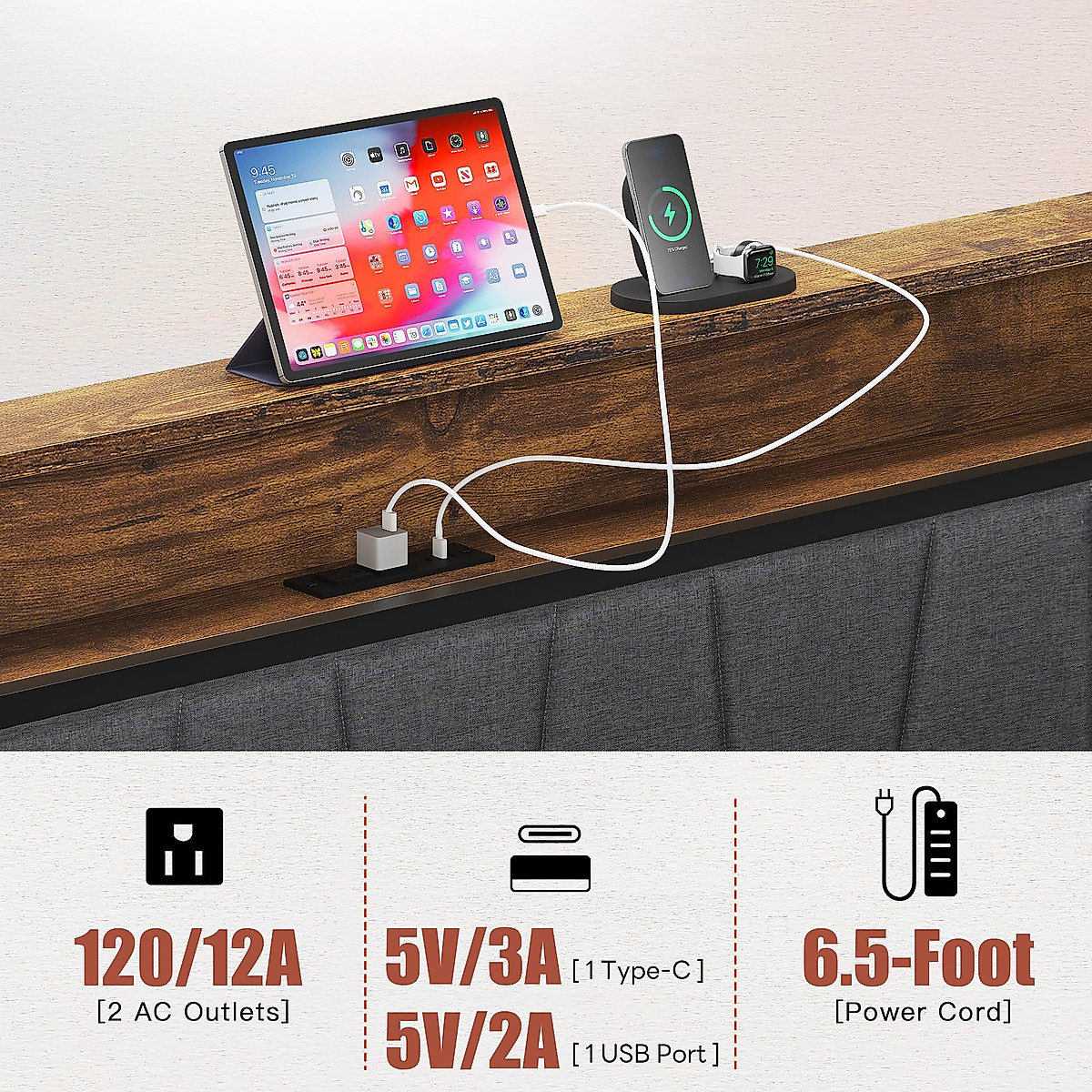 SogesSleep Twin Bed Frames with Headboard, Upholstered Twin Size Bed Frames with Storage and Charging Station & LED Lights, No Box Spring Needed Bed Frame, Noise Free & Easy Assembly