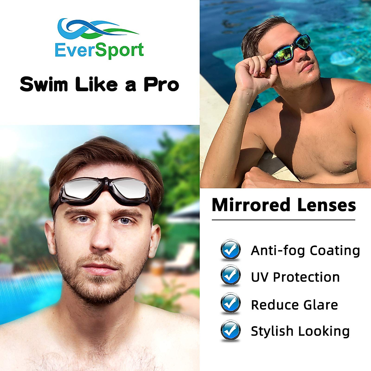 EverSport Swim Goggles, Pack of 2 Swimming Goggles, Swim Glasses No Leaking Anti Fog UV Protection for Adult Men Women Youth Kids Child, Watertight(Mirrored Black&Aqua)