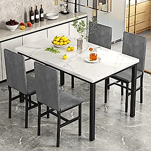 MIERE Dining Table Set for 4, 5-Piece Marble DiningTableSet with 4 Velvet Metal Frame Chairs for Kitchen, Bar, Living Room, Breakfast Nook, Small Space, 03 Gray