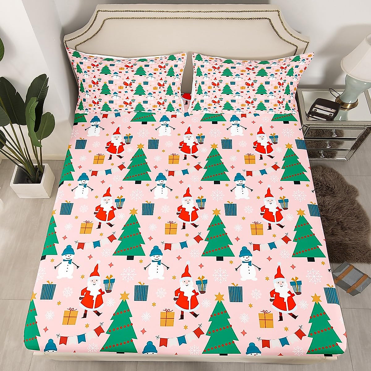 Kids Merry Christmas Tree and Snowman Fitted Sheet Twin Size Xmas Deer Elk Decor Bed Sheet Set for Boys Girls Teens Bedroom Decor Snowflake Bedding Set Women Men Bed Cover with 1 Pillow Case