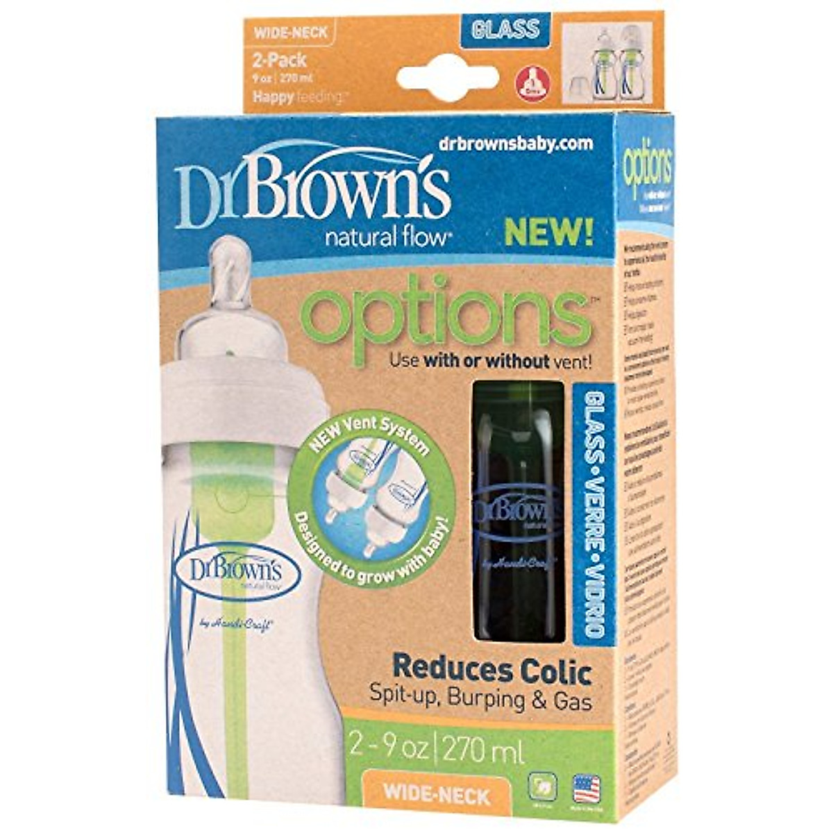 Dr. Brown's Options Wide Neck Glass Bottles, 2 Pack, Clear, 9 Ounce