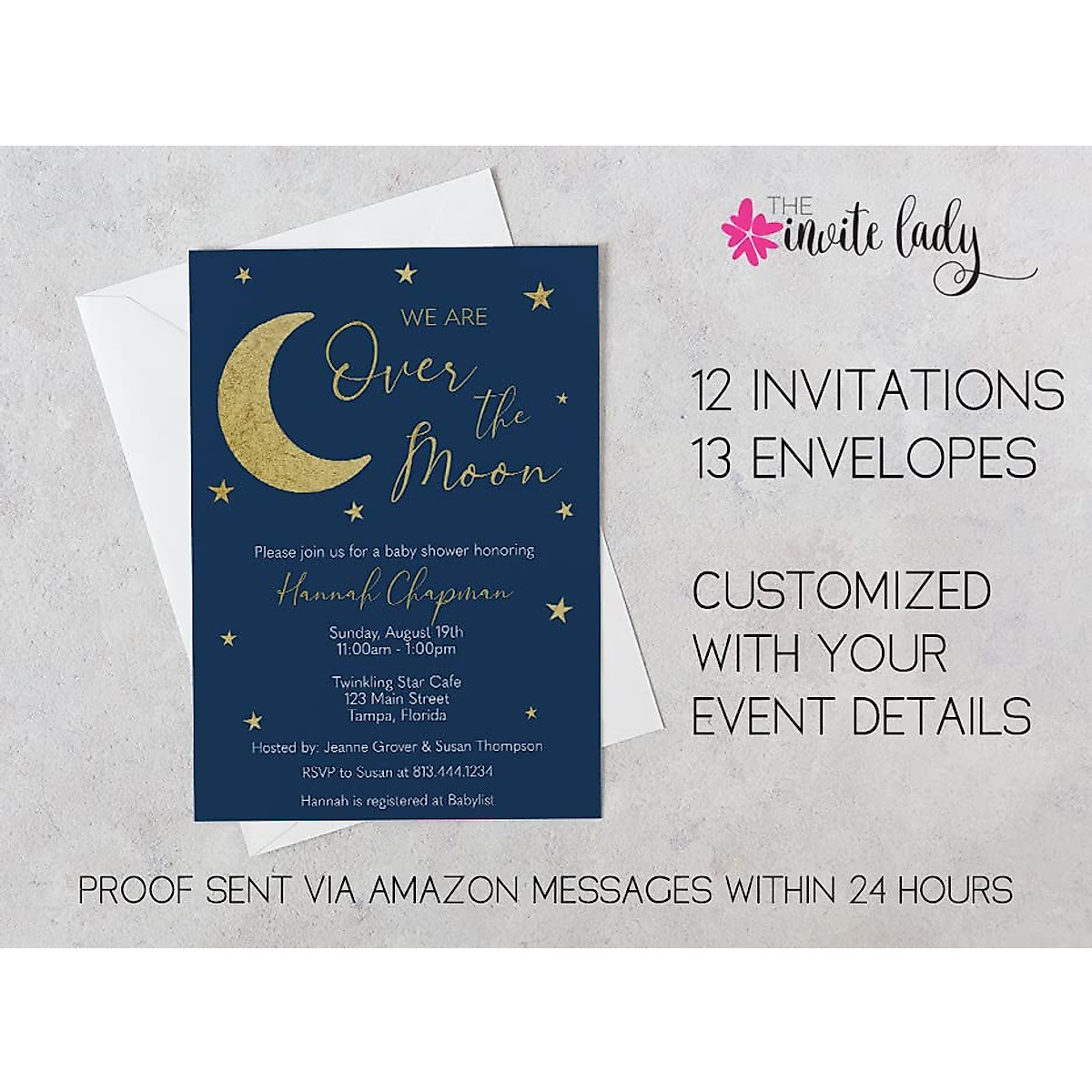 Over The Moon Baby Shower Invitations For Boy Customizable Twinkle Stars Invites (12 Count)