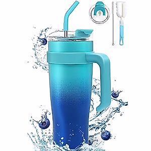 YUTGSMPO 40oz Tumbler with Handle and Straw Lid, Double Walled Stainless Steel Vacuum Insulated Tumblers Water Bottle, Travel Mug Iced Coffee Cup, Cupholder Friendly, Airtight Leak-Proof (Ocean Blue)