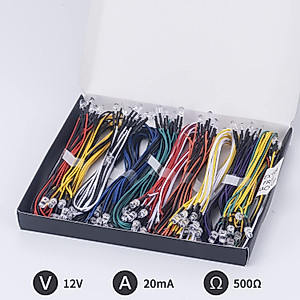 DiCUNO 100Pcs (10 Colors × 10Pcs) 5MM Pre Wired 12V LED Diodes, 9.4 Inch/24CM Ultra Bright Light Emitting Diodes Assorted Color Kit Box for Circuit Science Experiment, DIY Lighting Projects