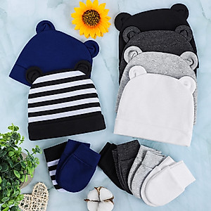 URATOT 6 Sets Newborn Baby Hats Mittens Sets Unisex Cotton Bear Ears Infant Caps Beanie Hat No Scratch Mittens for 0-3 Months