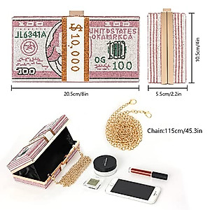 WJCD Money Clutch Rhinestone Purse Stack of Cash Unique Evening Clutch Handbag Shoulder Bag Crossbody Bag Rhinestone Handbag (Pink)
